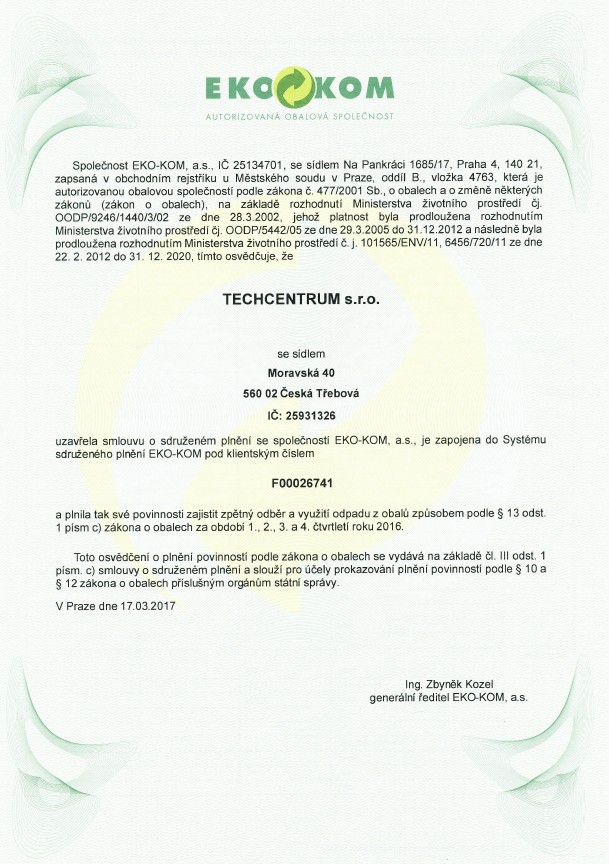 Certifikát EKO-KOM o sdruženém plnění s firmou Techcentrum